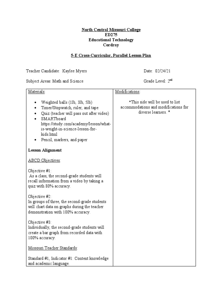 5-E Cross-Curricular Parallel Lesson Plan Template-Kmyers2 | PDF ...