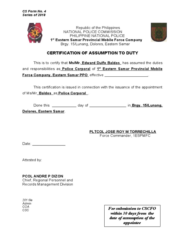 New Cert of Assumption To Duty | PDF