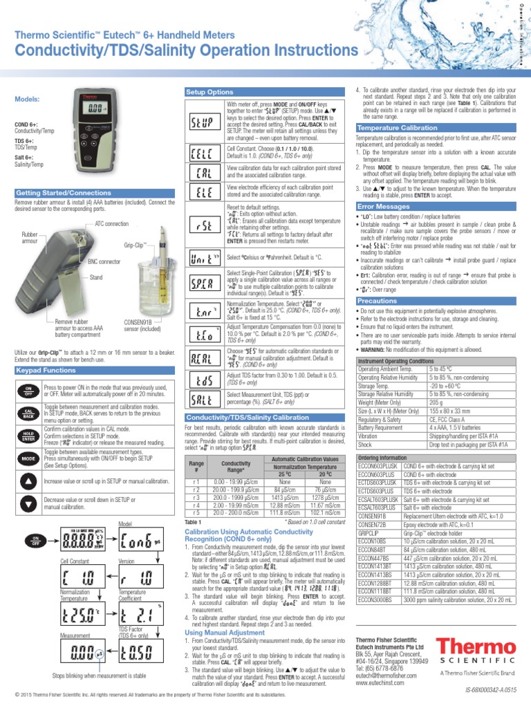 Conductivity Meter Eutech TDS 6+ | PDF | Metrología | Observación