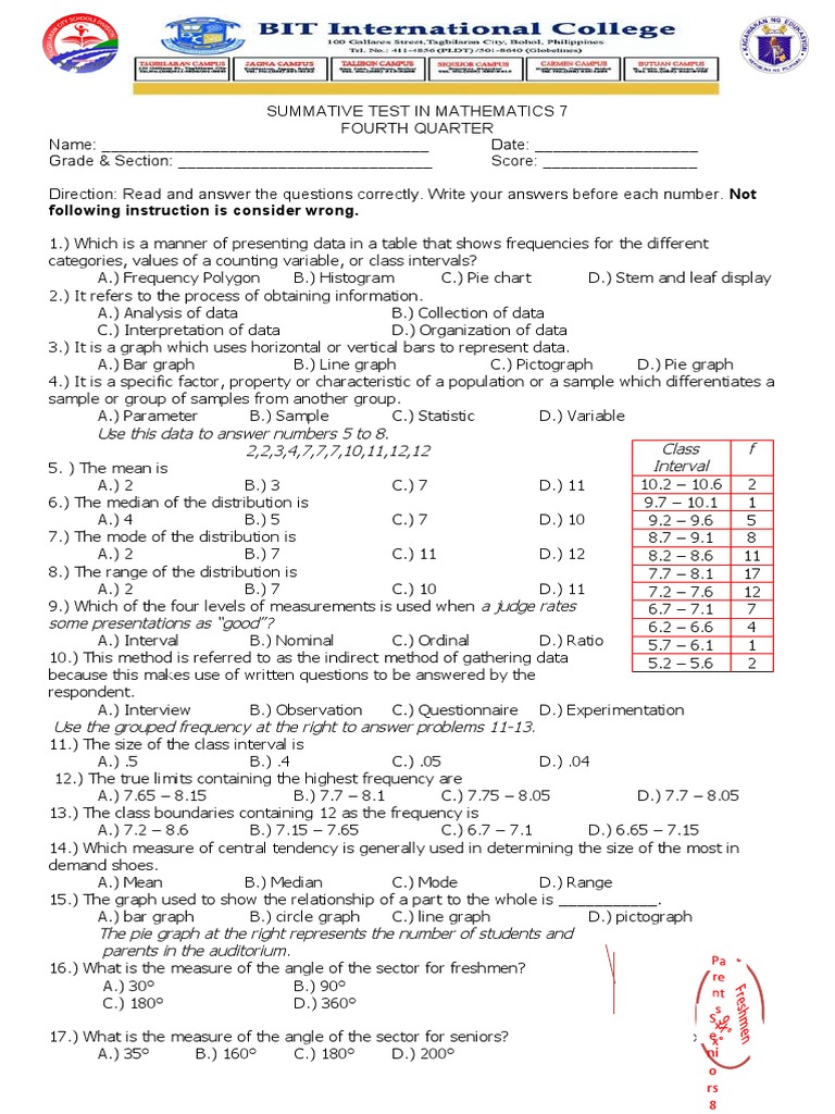 SUMMATIVE TEST IN MATHEMATICS 7 4th | PDF | Mode (Statistics) | Level ...