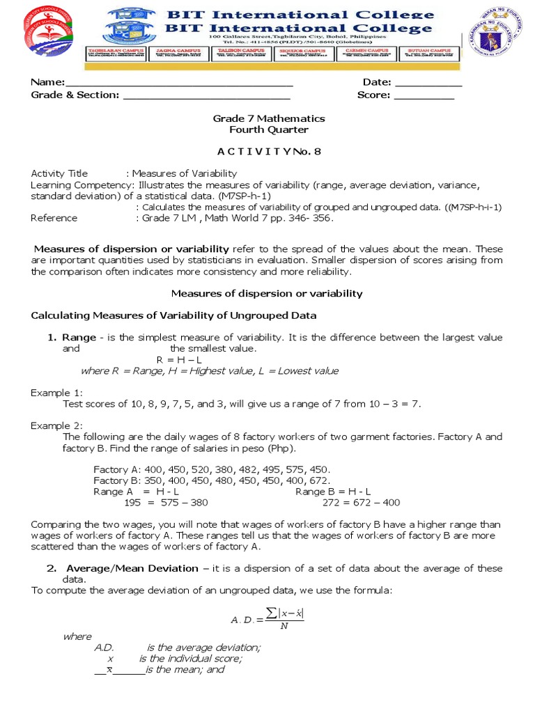 Grade 7 4th Quarter 7-9th Week | PDF | Standard Deviation | Mean