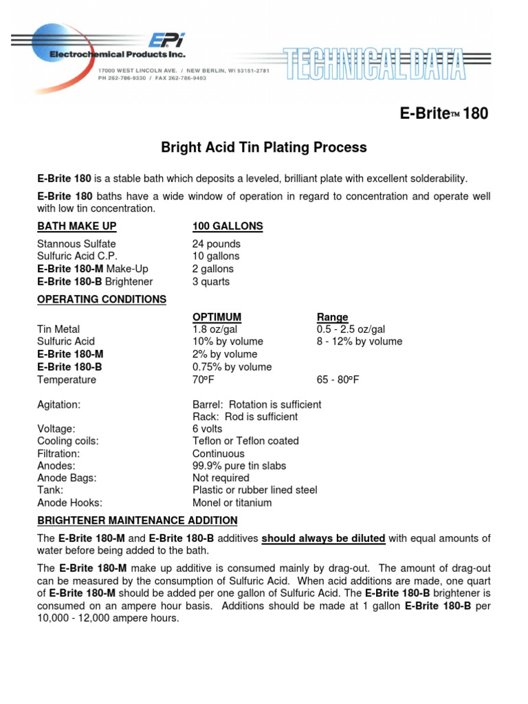 Bright Acid Tin Plating Process: E-Brite 180 | PDF | Sulfuric Acid ...