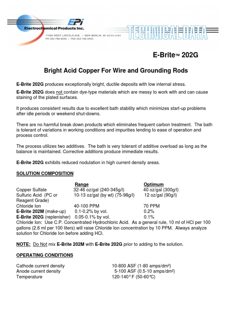 Bright Acid Copper For Wire and Grounding Rods: E-Brite 202G | PDF ...