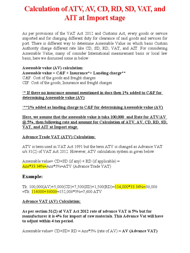 Calculation of ATV, AV, CD, RD, SD, VAT, and AIT at Import Stage | PDF ...