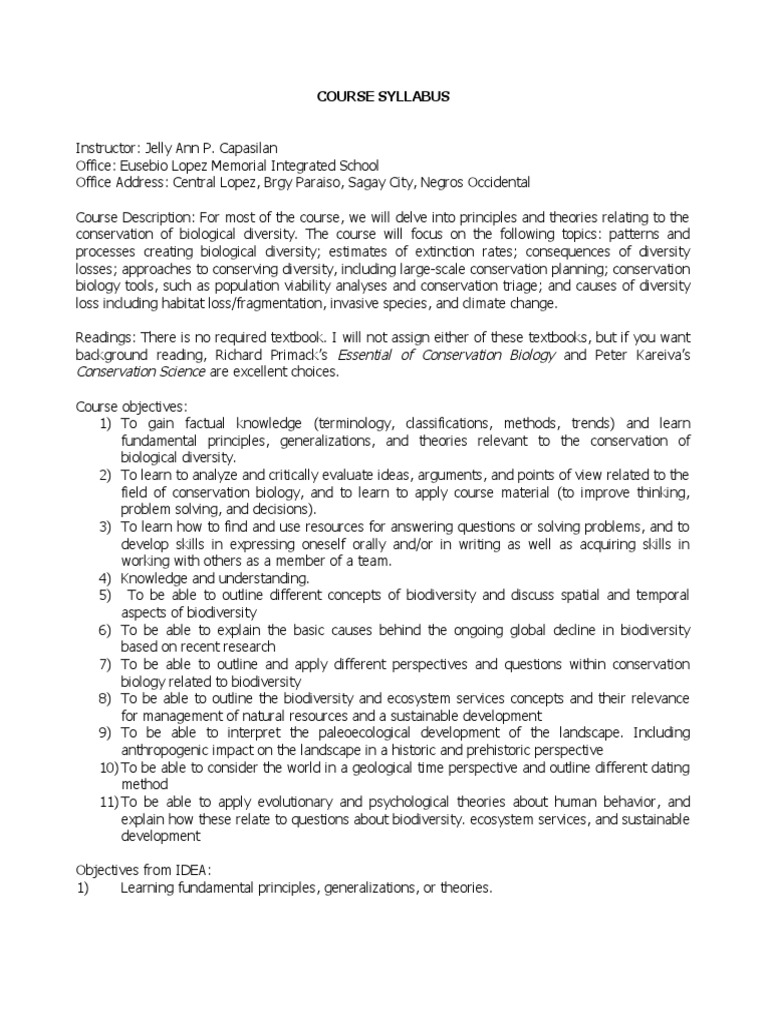 A Comprehensive Syllabus for a Course on Conservation Biology | PDF ...