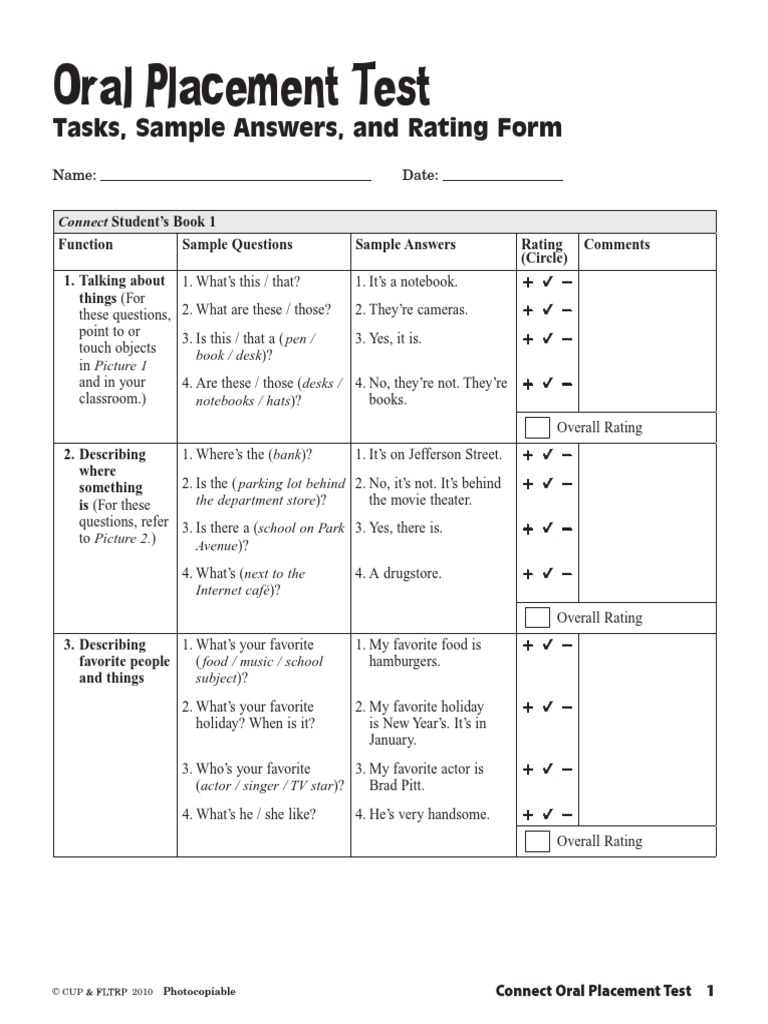 Oral Placement Test: Tasks, Sample Answers, and Rating Form | PDF | Foods