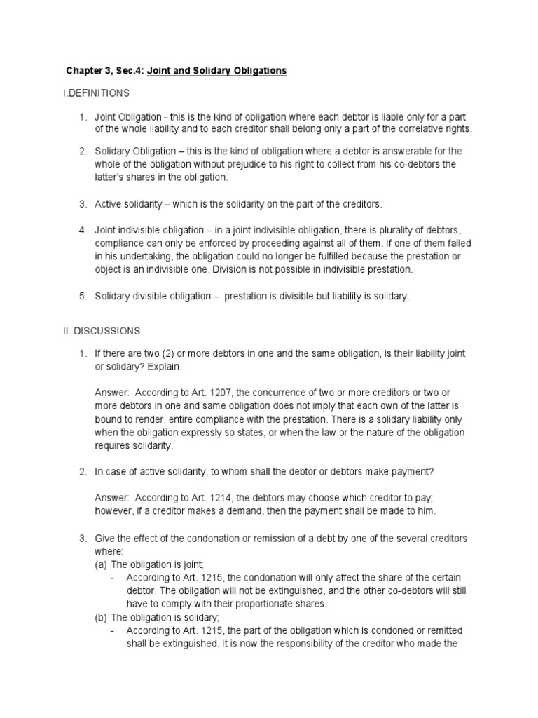 Chapter 3, Sec.4: Joint and Solidary Obligations | PDF | Legal Concepts ...