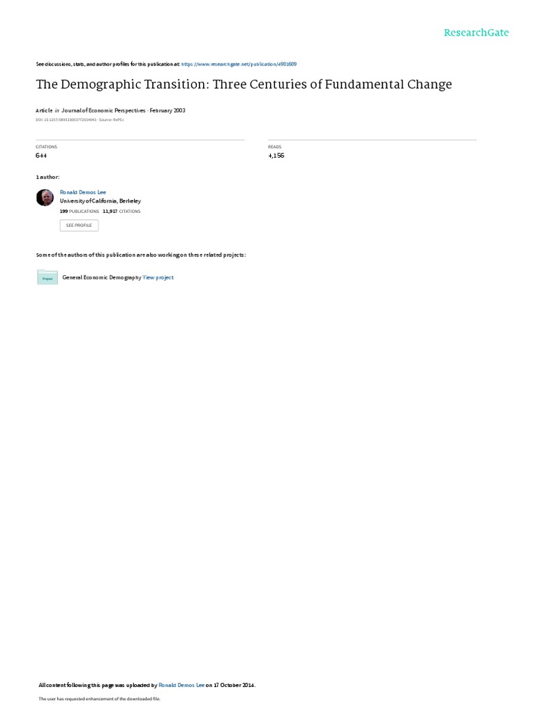 The Demographic Transition Three Centuries of Fundamental Change - Lee ...