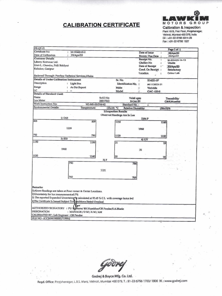 Colour Lab Light Box Cal Cert | PDF
