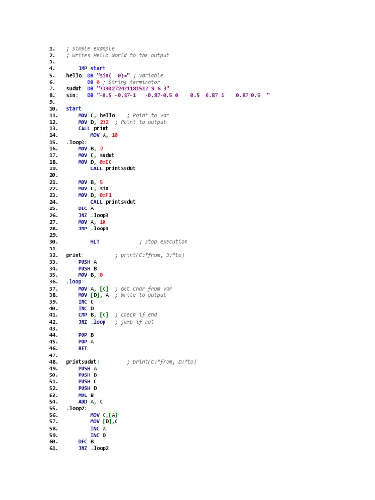 Assembly Code for Printing Sine Values | PDF