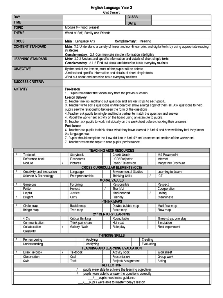 English Lesson Plan Year 3 Pak 21 | PDF | Question | Teachers