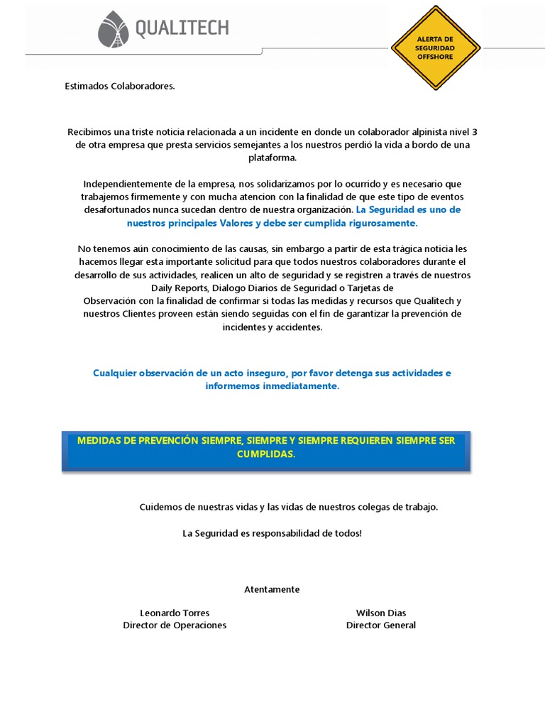 Comunicado - Alerta de Seguridad-Accidente Con Fatalidad | PDF