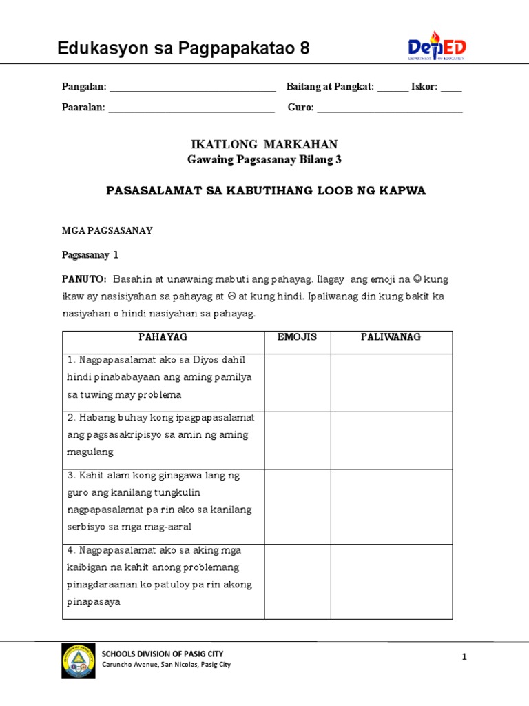 EsP 8-Q3-G. Pagsasanay 3 | PDF