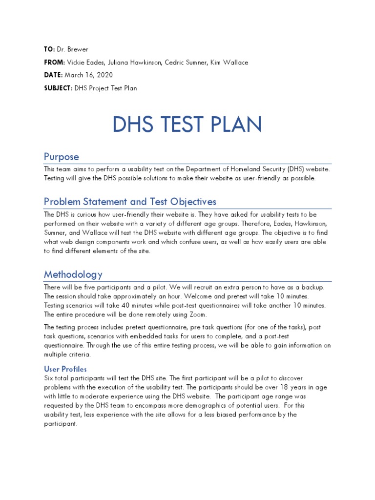 DHS Test Plan | PDF | Usability | Consent