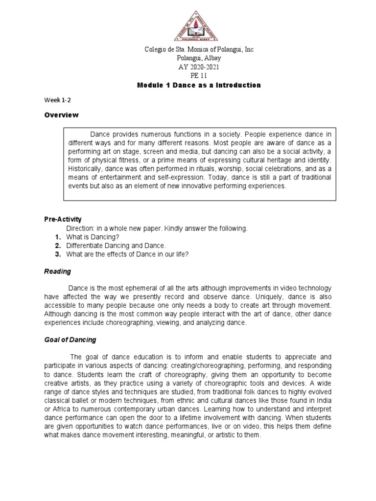 Pre-Activity 1. What Is Dancing? 2. Differentiate Dancing and Dance. 3 ...