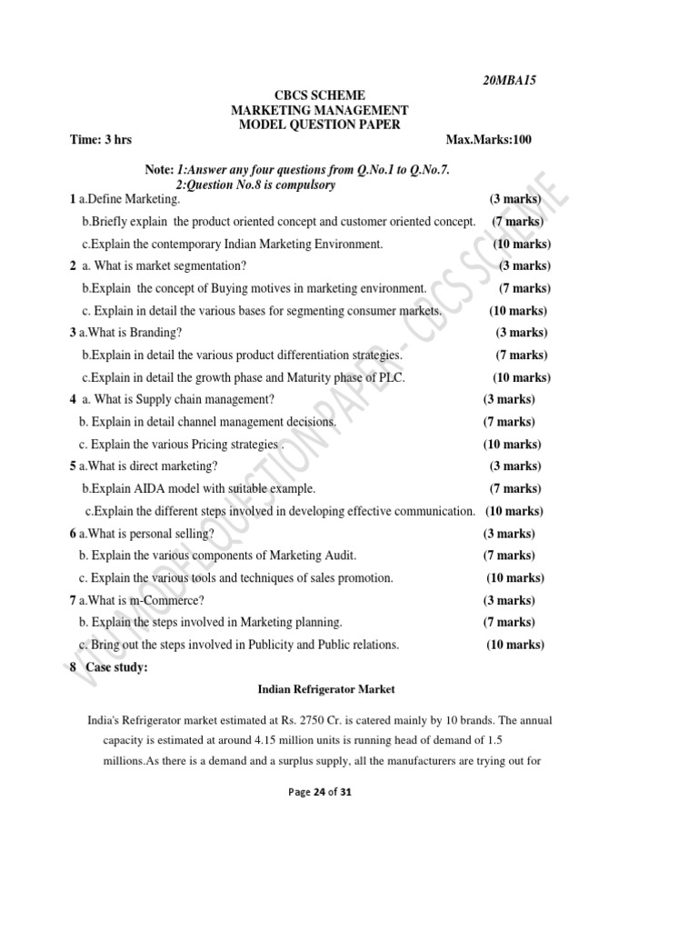 MBA Marketing Management Model Paper | PDF | Marketing | Public Sphere
