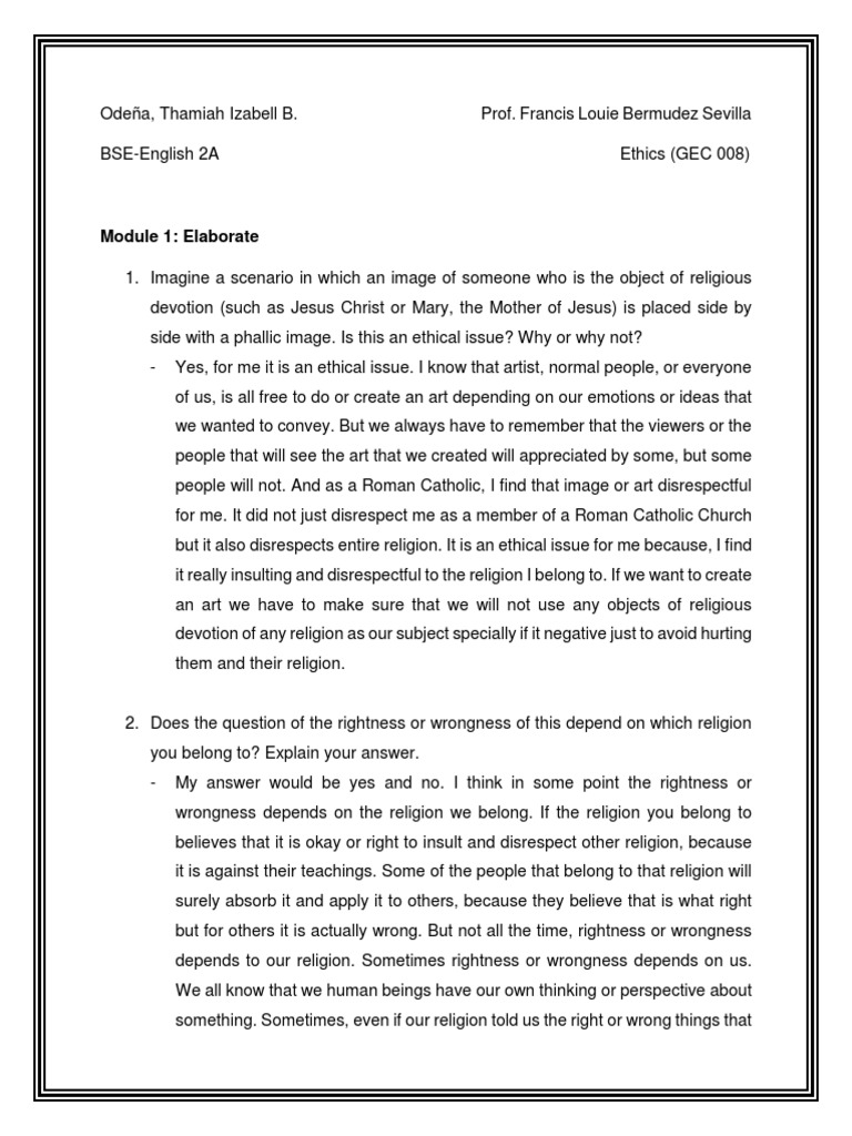 ETHICS Module1 Odeña | PDF | Religion And Belief