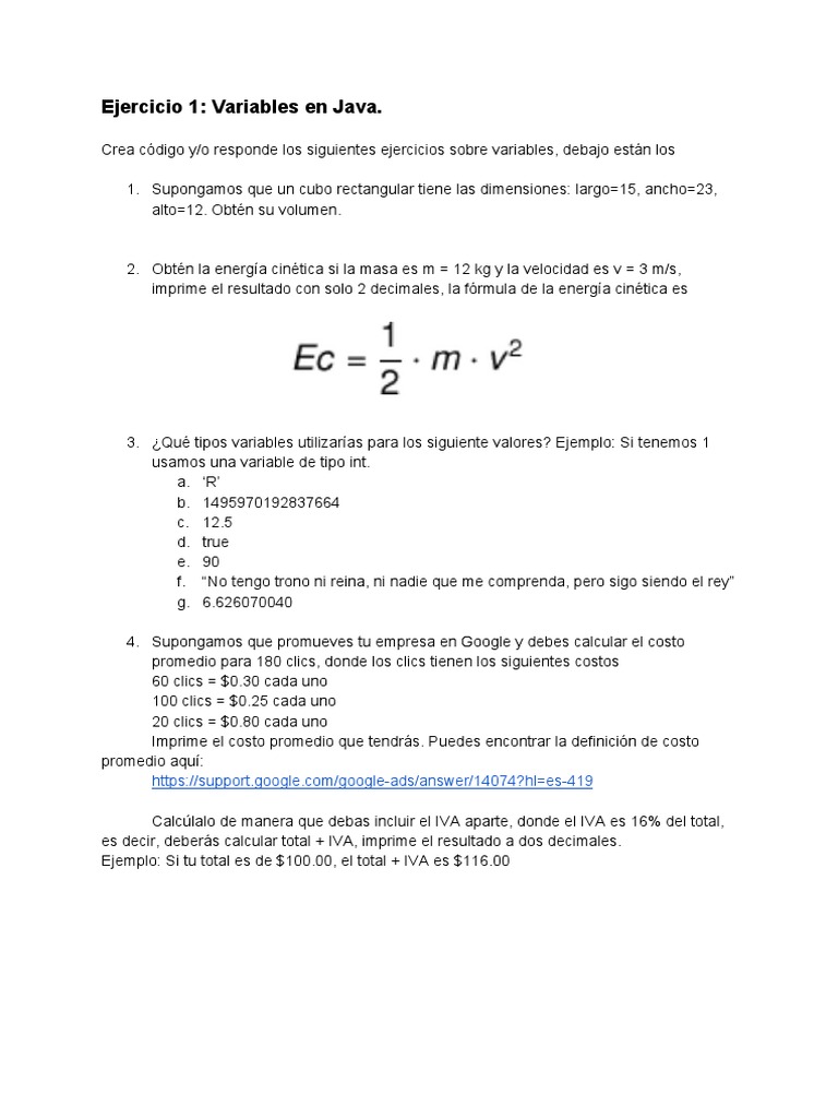 Ejercicio 1 Variables en Java | PDF | Métodos y materiales de enseñanza ...