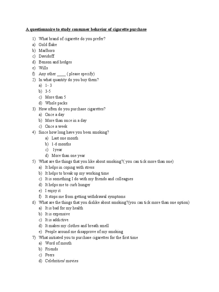 A Questionnaire To Study Consumer Behavior of Cigarette Purchase | PDF