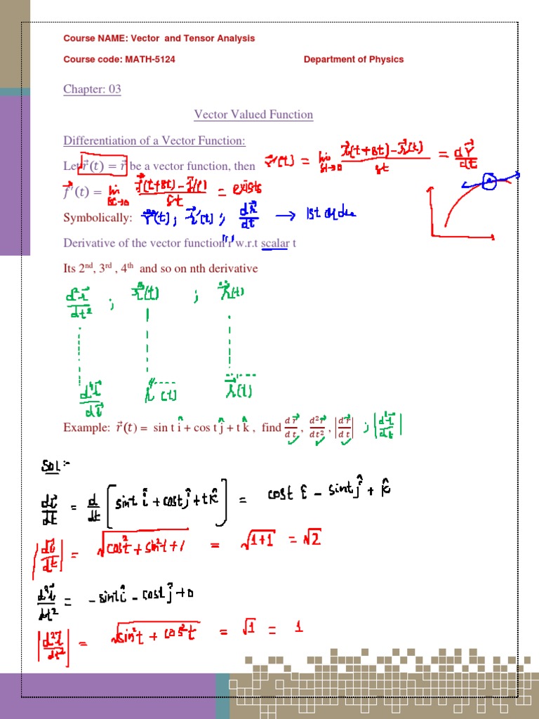 Vector Valued Function Differentiation of A Vector Function: Let ( ) Be A Vector Function, Then ...