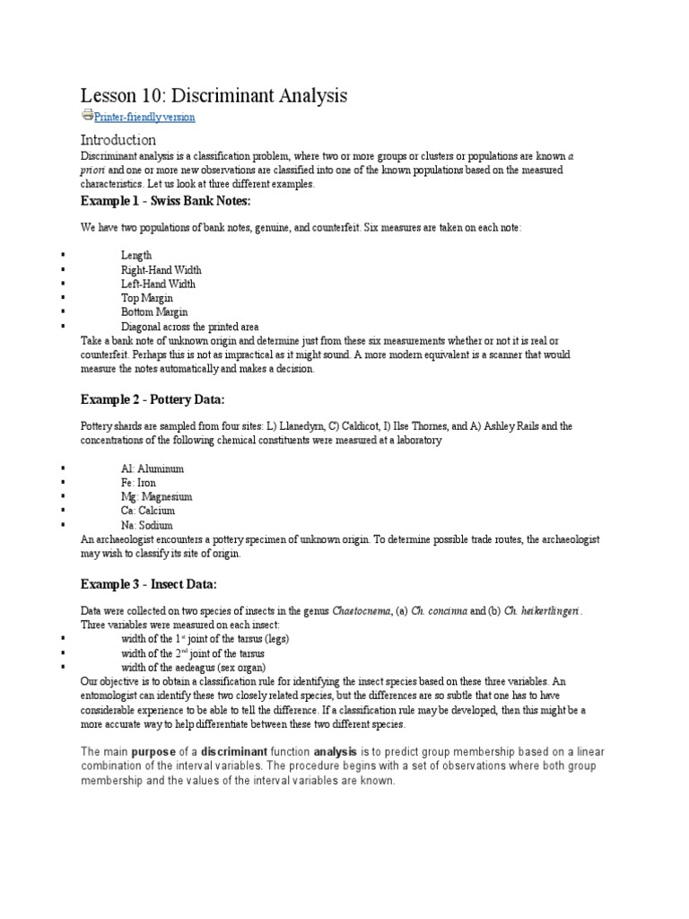 Lesson 10: Discriminant Analysis: Example 1 - Swiss Bank Notes | PDF ...
