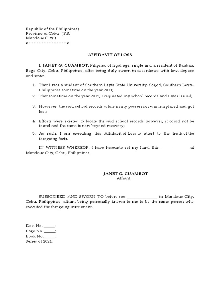 AFFIDAVIT of Loss - School Record | PDF