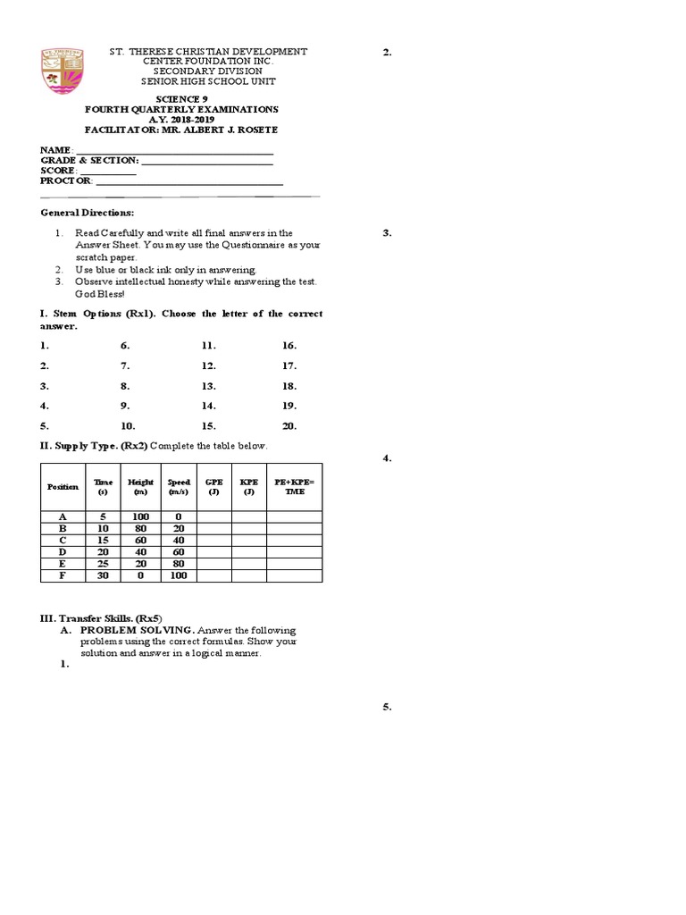 Answer Sheet Grade 9 | PDF