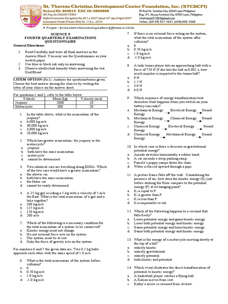 SCIENCE 9 Fourth Quarter Exam | PDF | Kinetic Energy | Potential Energy