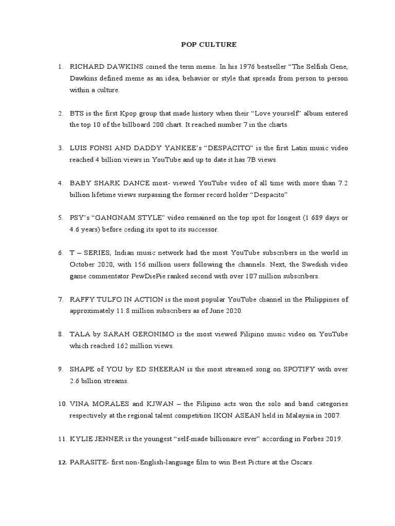 Pop Culture | PDF | You Tube | Entertainment (General)