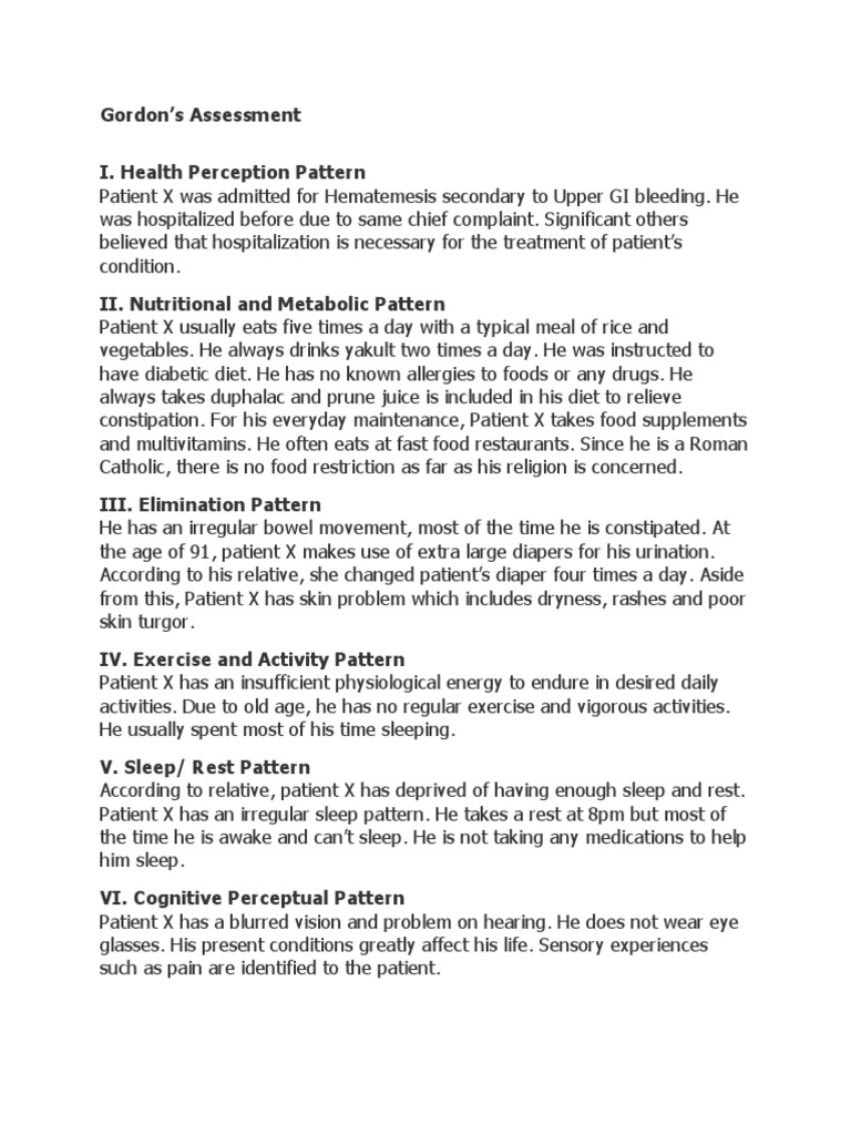 Gordon's Assessment of Elderly Patient X | PDF | Perception | Stress ...