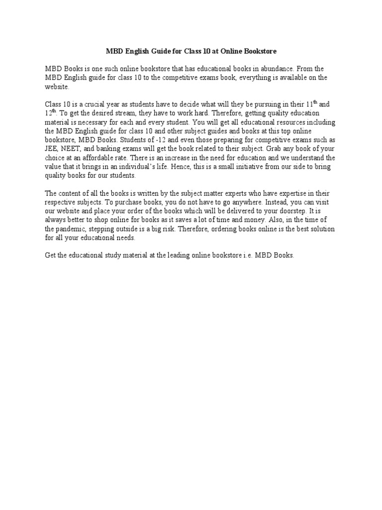 MBD English Guide For Class 10 at Online Bookstore | PDF | Career & Growth