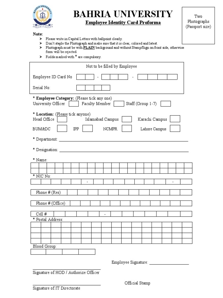 Bahria University: Employee Identity Card Proforma | PDF
