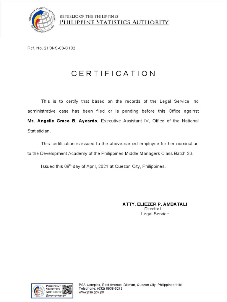 Certificate of No Pending Case of Ms. Aycardo | PDF