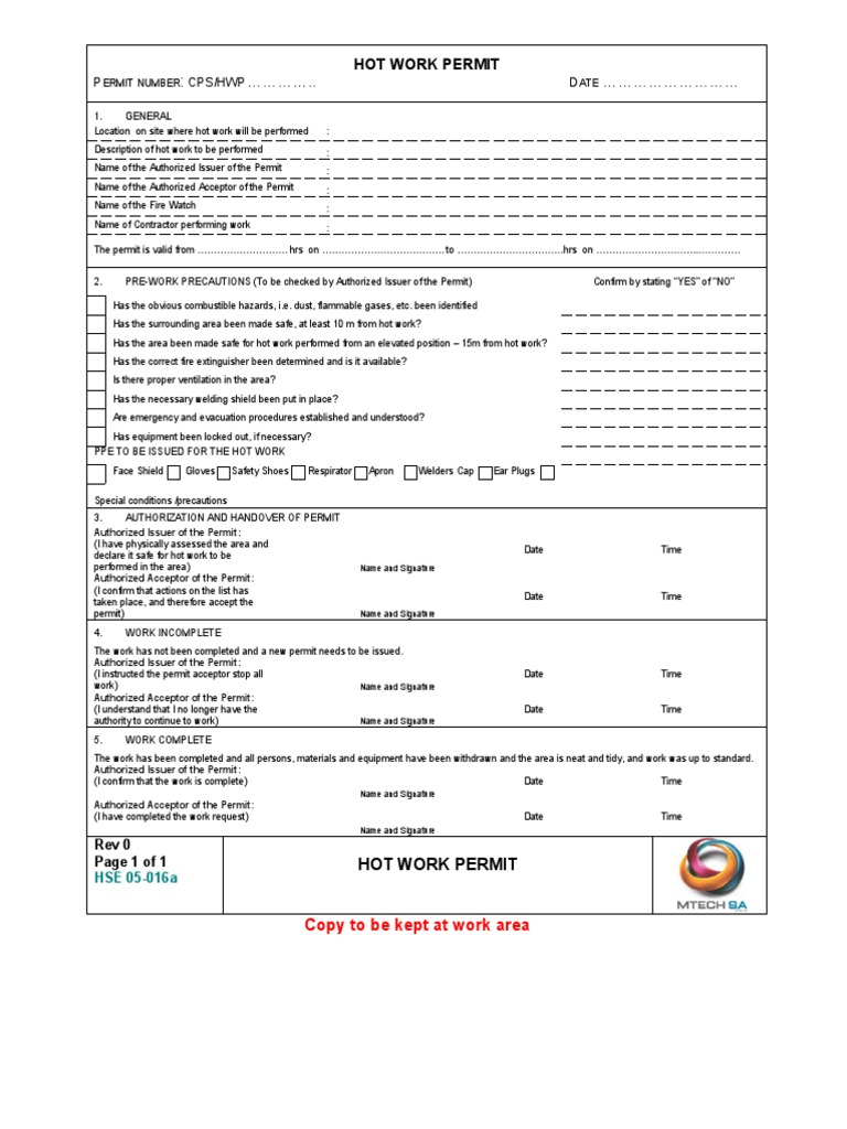 HSE 05-016a Hot Work Permit | PDF | Labor Relations | Hazards