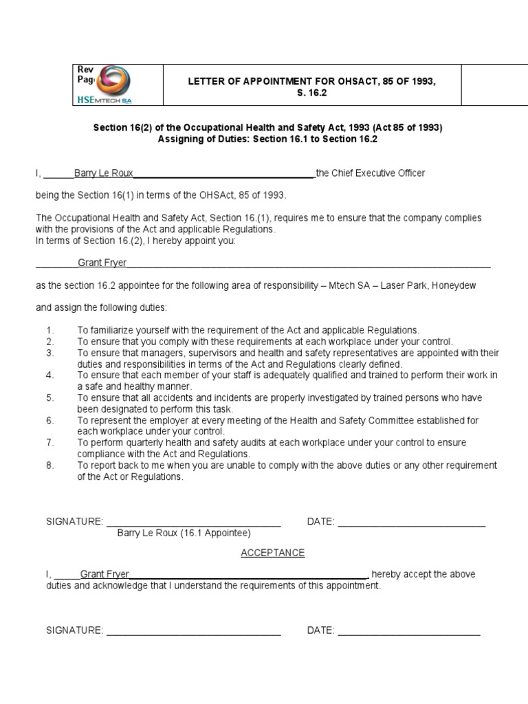 MT-HSE 05-001 Appointment For The Section 16.2 | PDF | Occupational ...