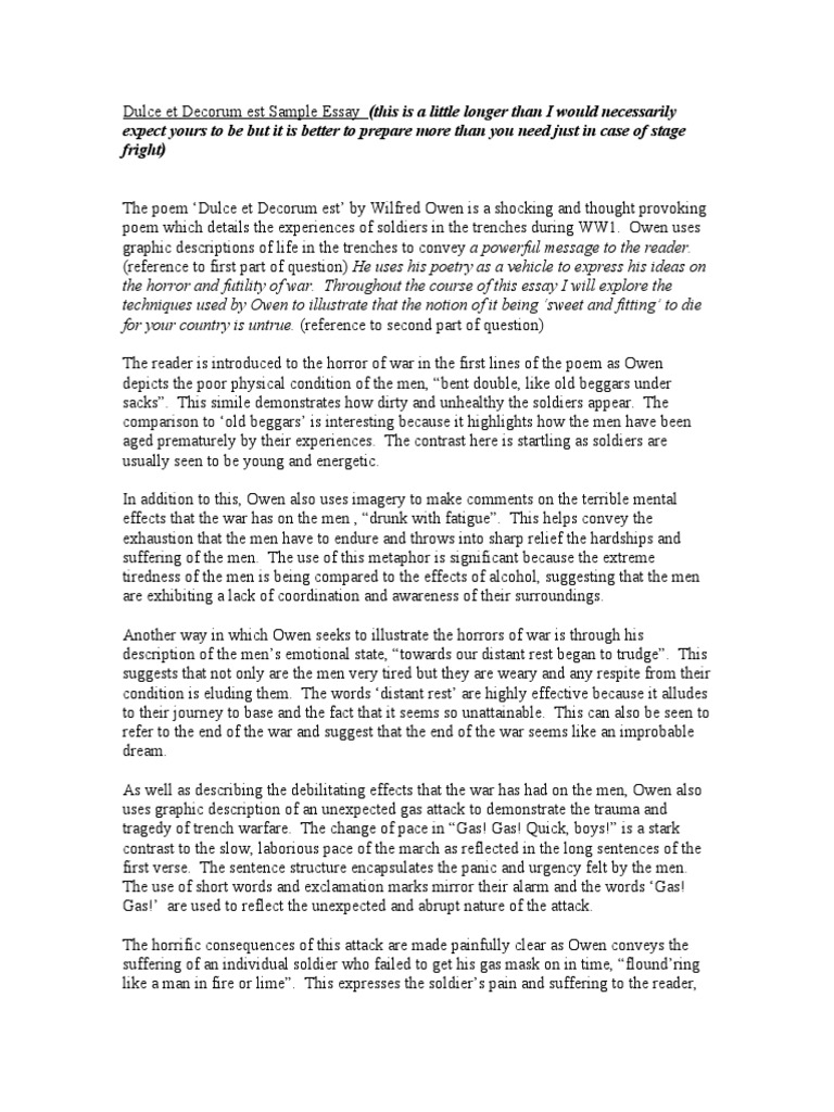 Dulce Et Decorum Est Sample Essay 1 | PDF | Poetry | Essays