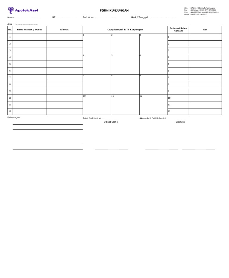 Form Kunjungan Sales Excel | PDF