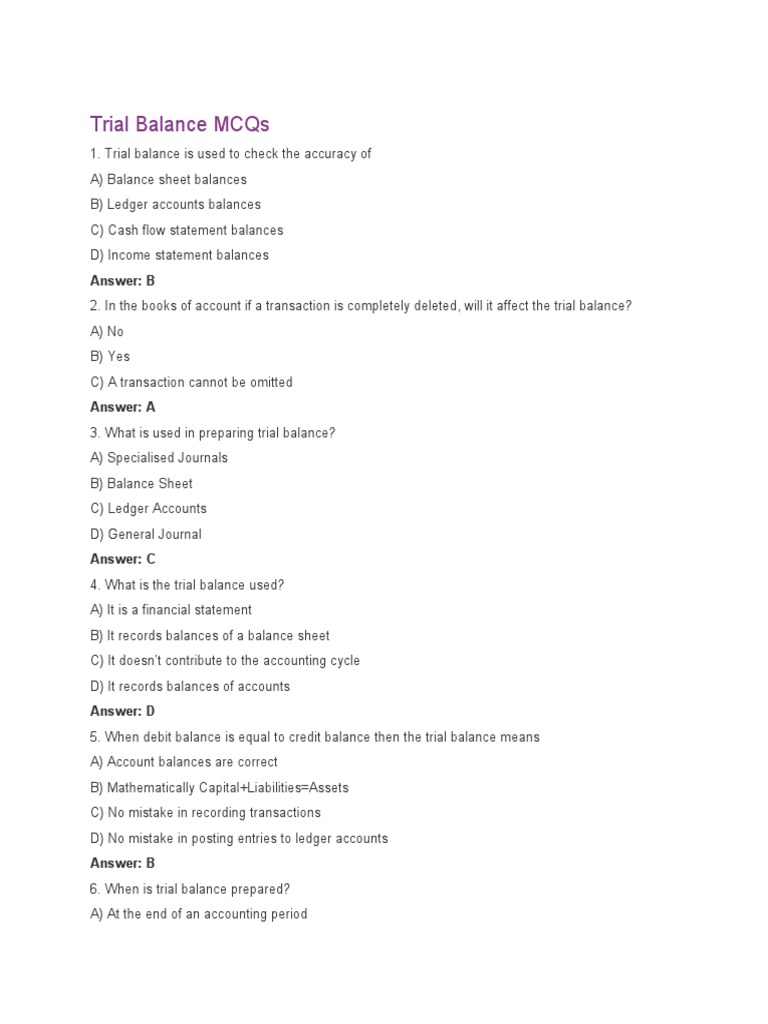 Trial Balance MCQs | PDF | Finance & Money Management