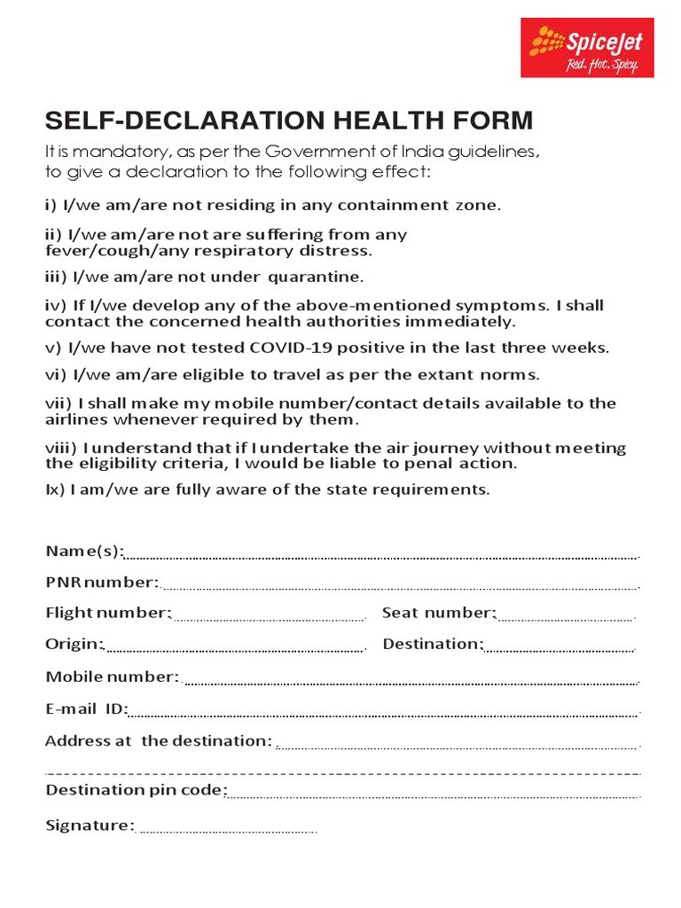Self Declaration Health Form Pdf Pandemic Diseases And Disorders