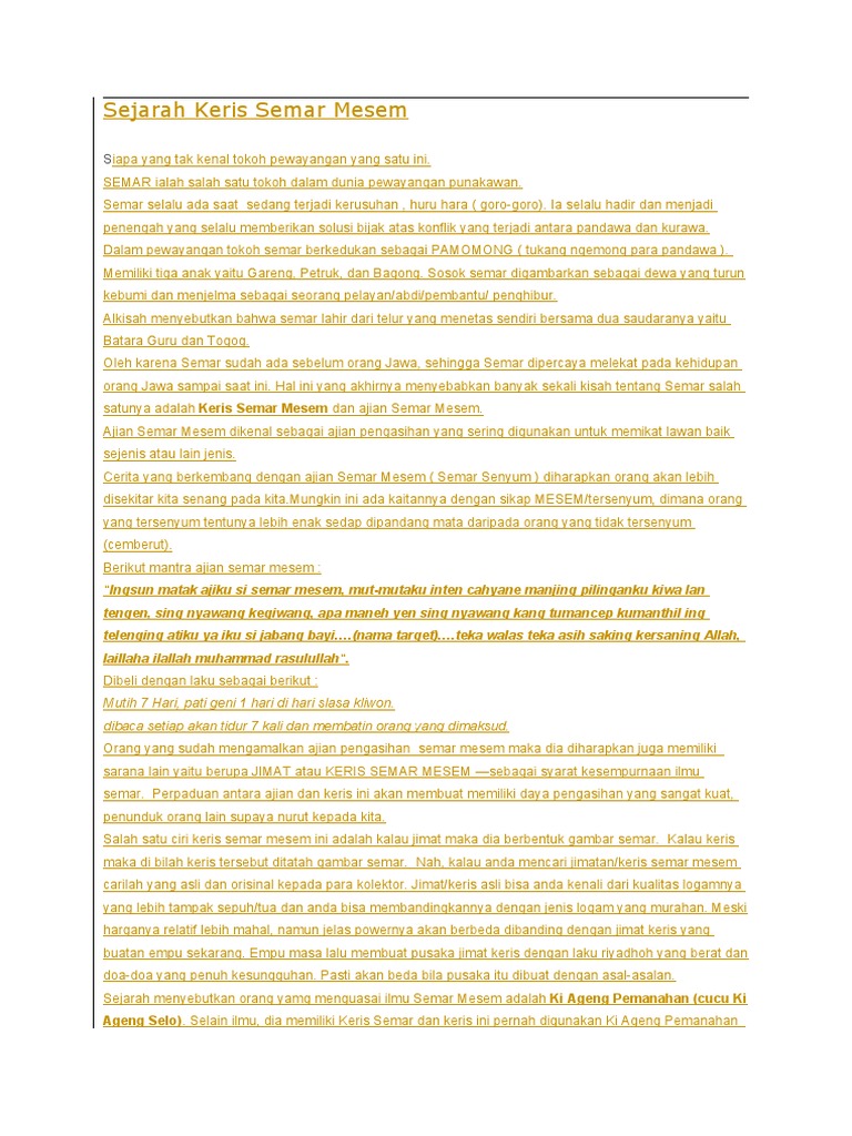 Sejarah Keris Semar Mesem | PDF | Agama & Spiritualitas | Puisi