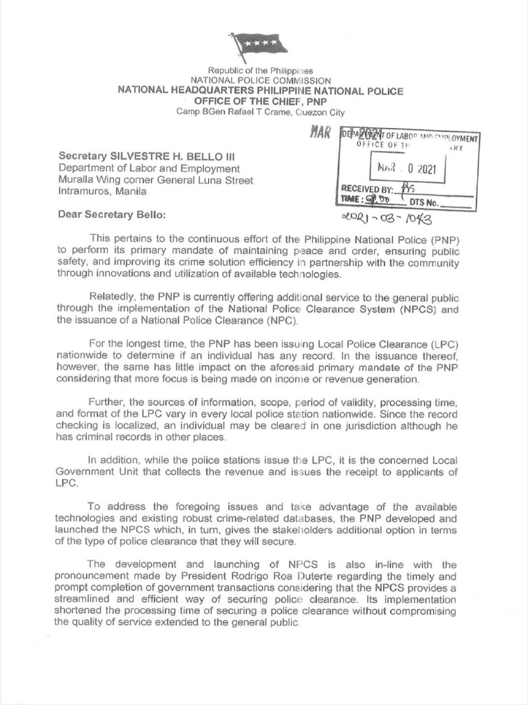 March 2021 Letter From The PNP To DOLE | PDF