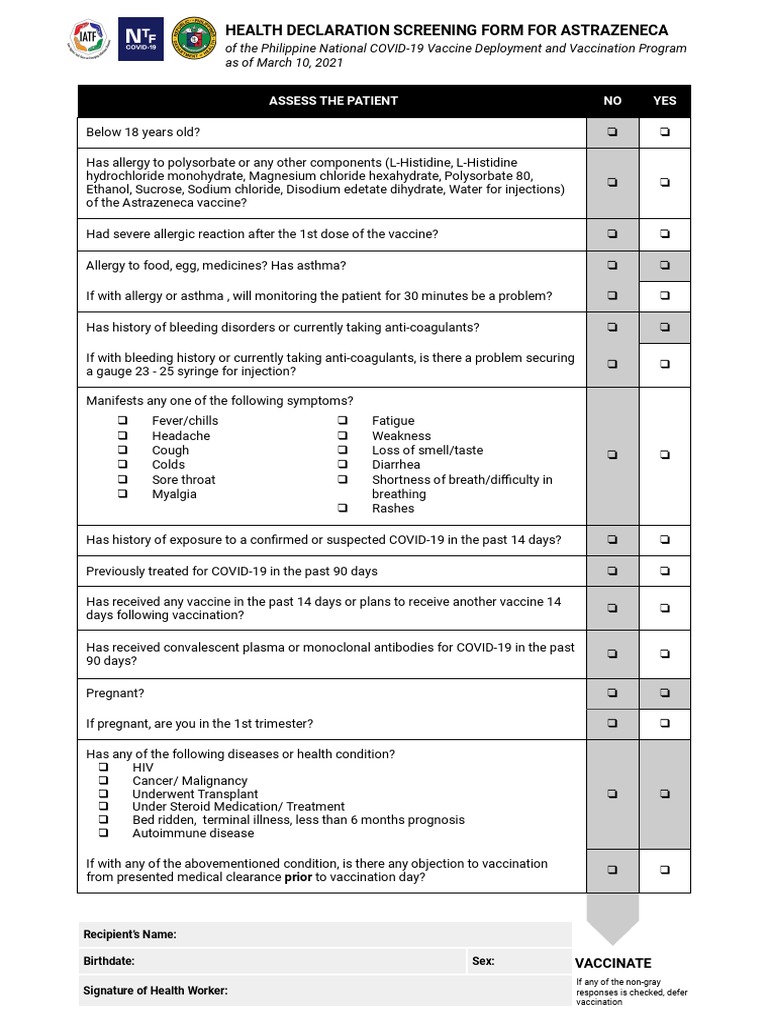 ASTRAZENECA - March 10 2021 (HEALTH DECLARATION SCREENING FORM) | PDF ...