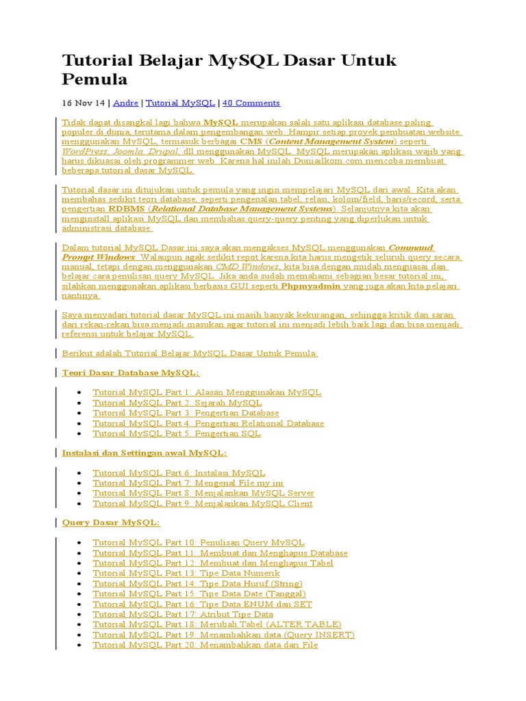 Tutorial Belajar MySQL Dasar Untuk Pemula | PDF