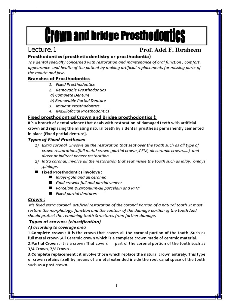 Prosthodontics (Prosthetic Dentistry or Prosthodontia) : Prof. Adel F ...