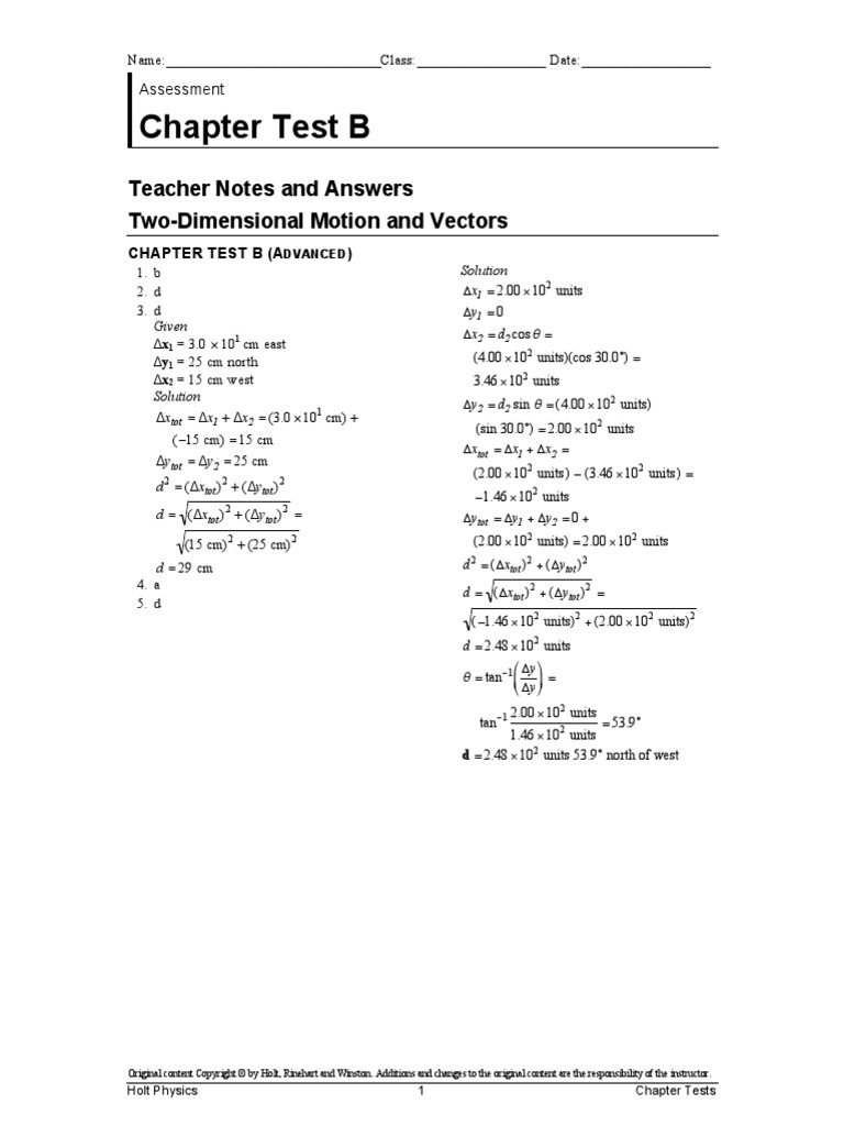 Chapter 3 Motion and Vectors Chapter Test B With Answers | PDF ...