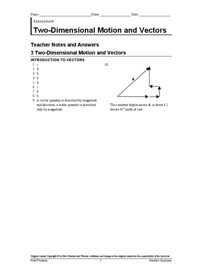 Chapter 3 Motion And Vectors Section Quiz On Vectors With Answers Pdf