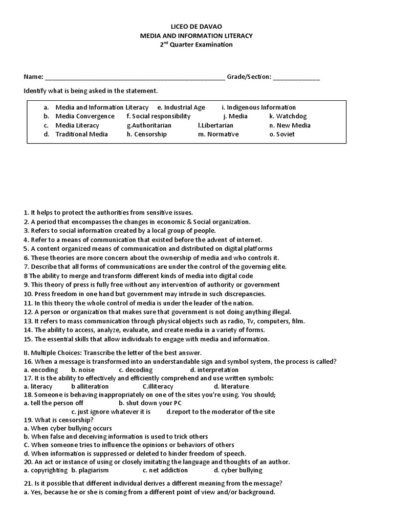 Liceo de Davao Media and Information Literacy 2 Quarter Examination ...