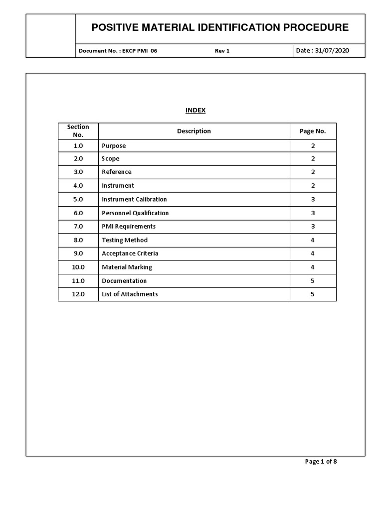 Positive Material Identification Procedure: Index | Download Free PDF ...