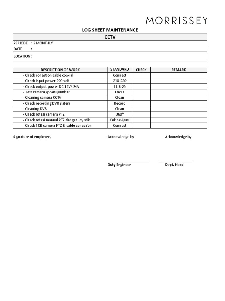 Log Sheet Maintenance CCTV: Description of Work Standard Check Remark | PDF