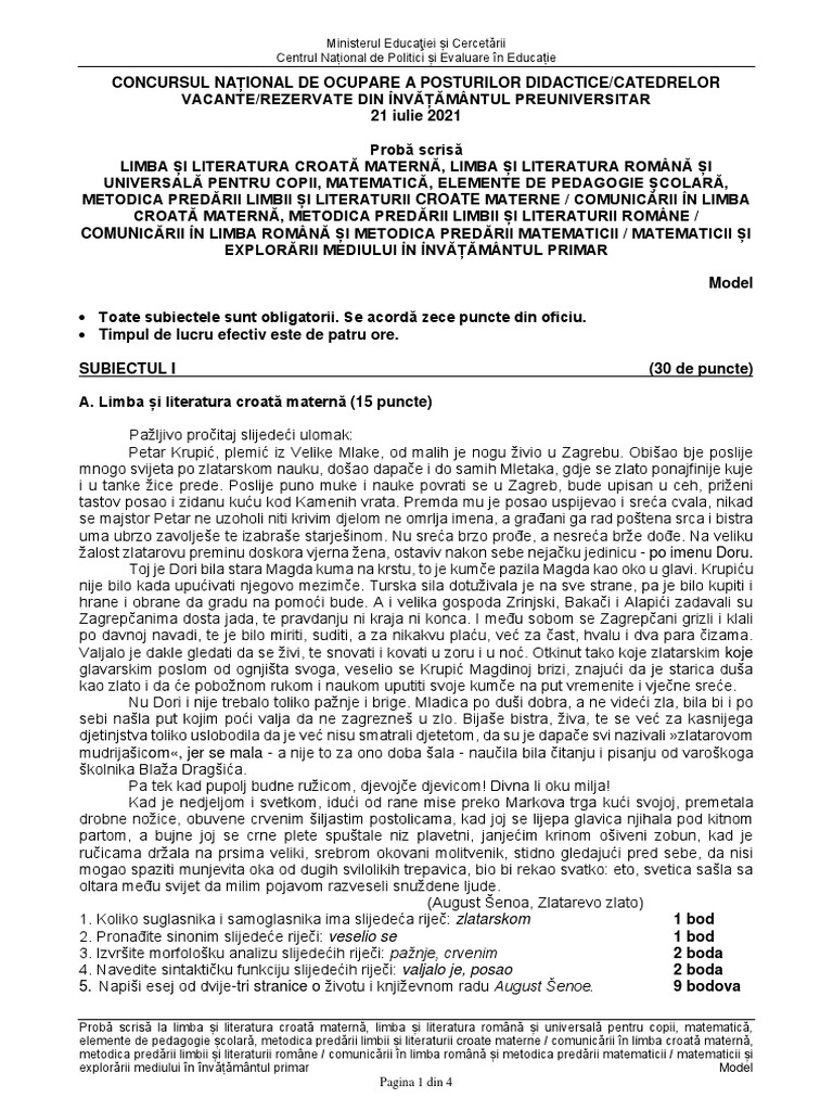 Tit 086 Limba Croata Materna I 2021 Var Model | PDF